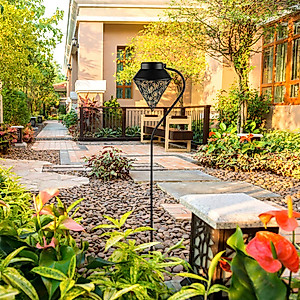 Bownew Garden Metal Solar Pathway Lights Outdoor Decorative Path Lights with Hanging Flower Lanterns for Patio and Yard - Set of 2