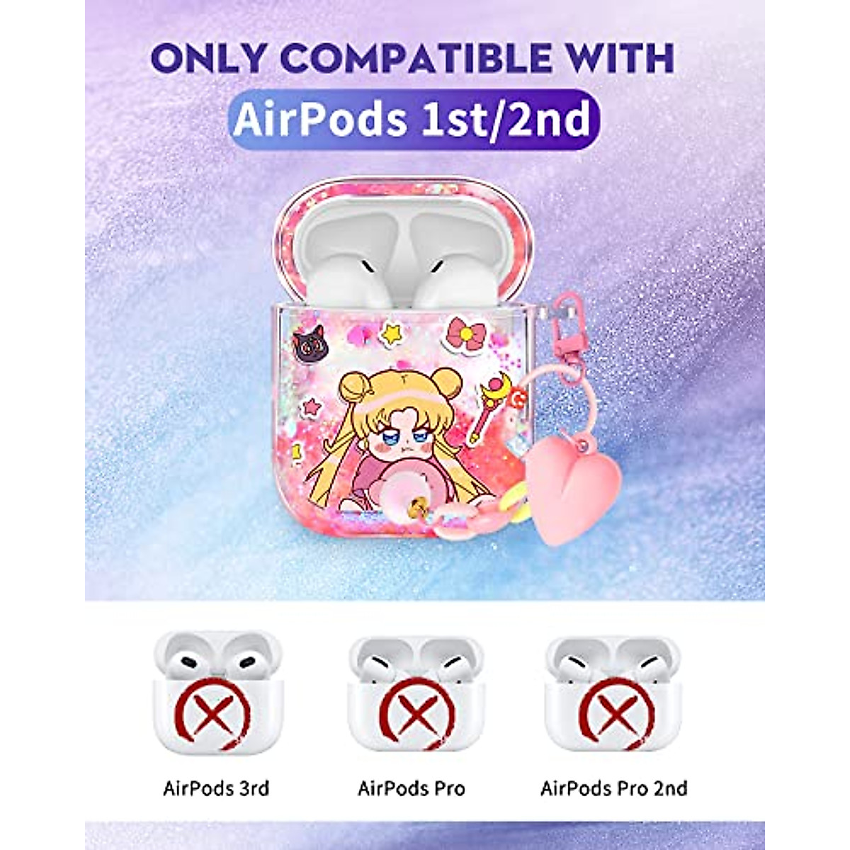 Besoar for AirPods 1/2 Case Bling Glitter Liquid Quicksand Cute Cartoon Anime Kawaii with Keychain for Apple AirPod Cases Sparkly Design Covers for Girls Women Kids Covers for Air Pods 2nd/1st Shui