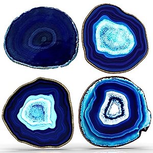 BedRock Blue Agate Coasters for Drinks - Set of 4 - Brazilian Geode Decor - (4"-4.5" Blue)