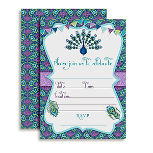 Amanda Creation Peacock Themed Birthday Party Fill In Style Invitations, set of 20 including envelopes