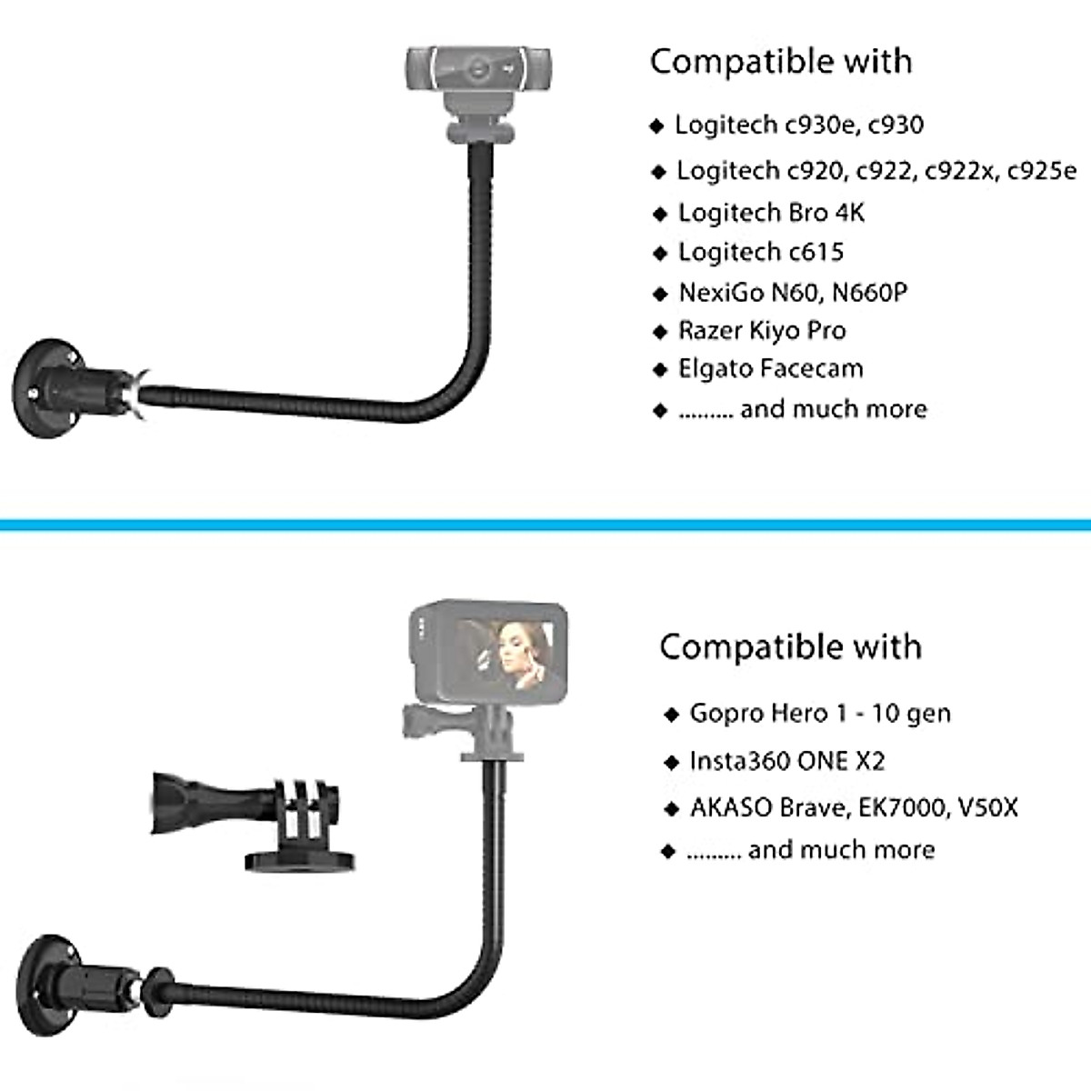 Wall Webcam Mount Arm, Ceiling Mounting Holder for Action Cameras, Articulated Arm Compatible with Gopro Hero, Logitech C920s C922X C920 C615 Brio 4K