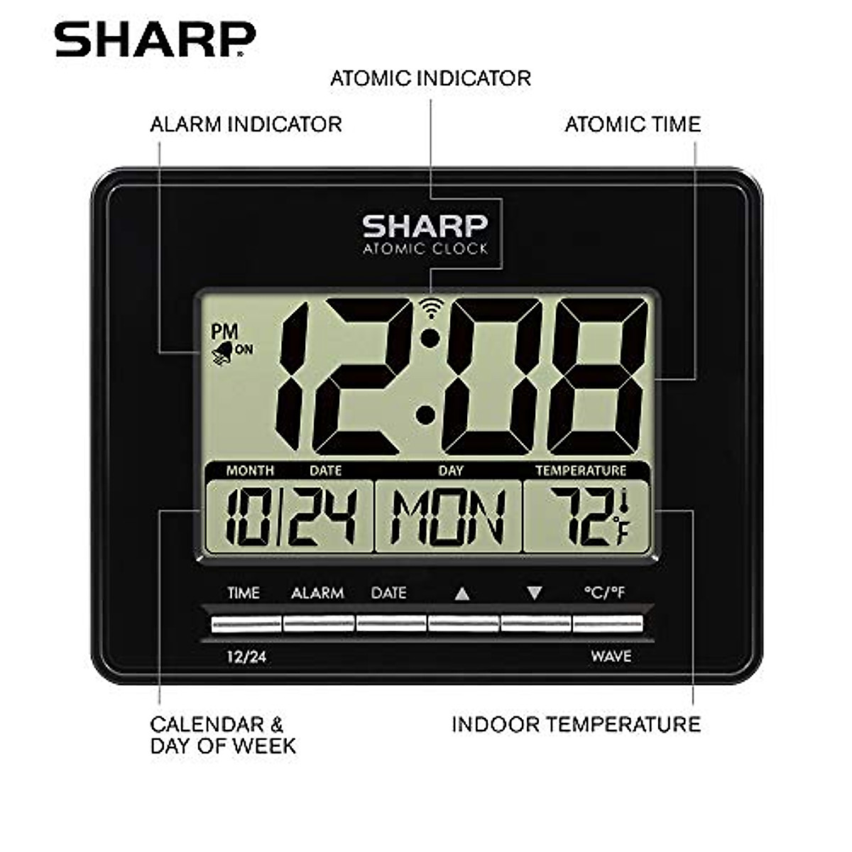 Sharp Atomic Desktop Clock – Auto Set Digital Alarm Clock - Atomic Accuracy - Easy to Read Screen with Time/Date/Temperature Display- Perfect for Nightstand or Desk
