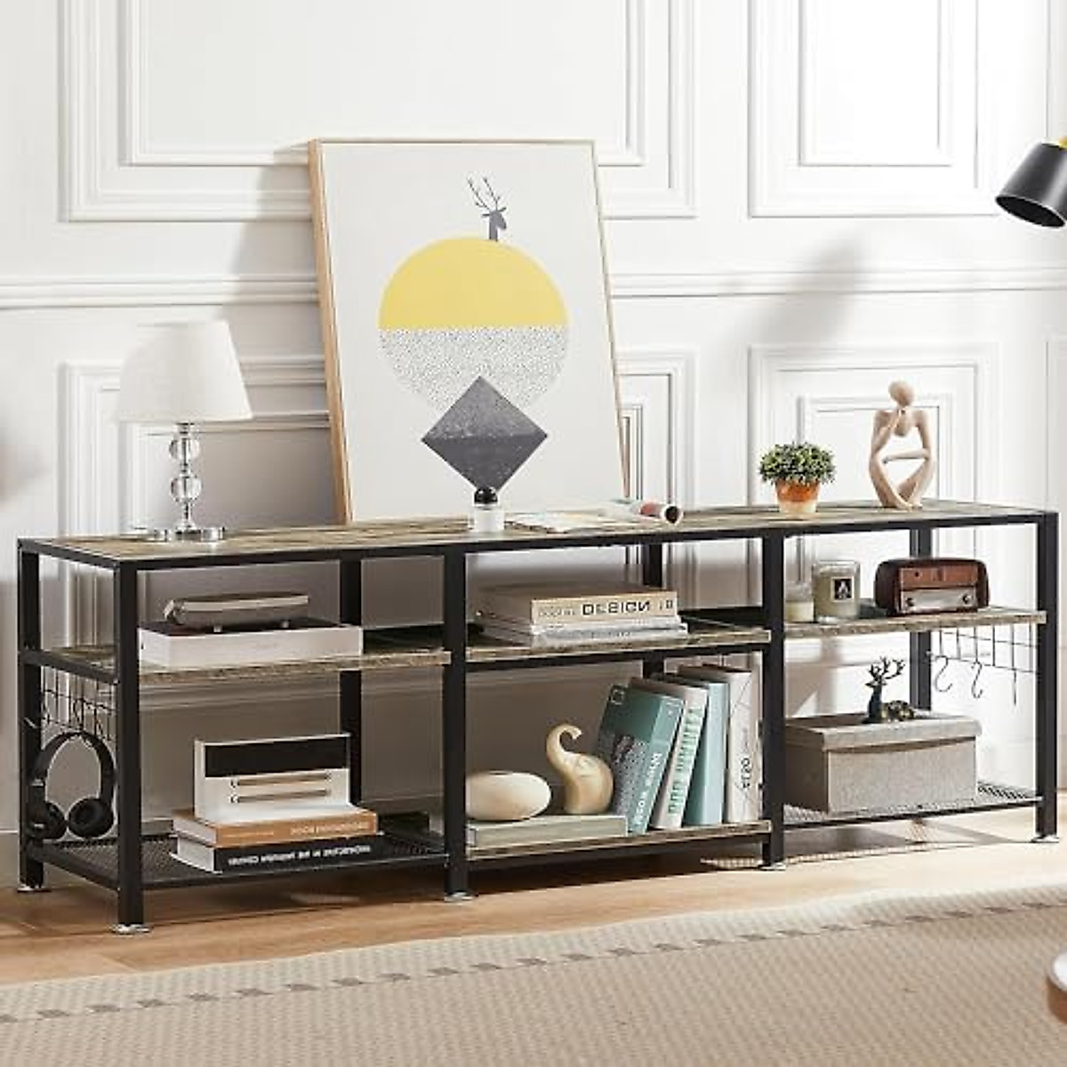 VECELO TV Stand for Televisions up to 70 Inch, Industrial Entertainment Center with 3-Tier Open Storage Shelves& Hooks for Living, Bedroom and Gaming Room, 63 Inch, Grey