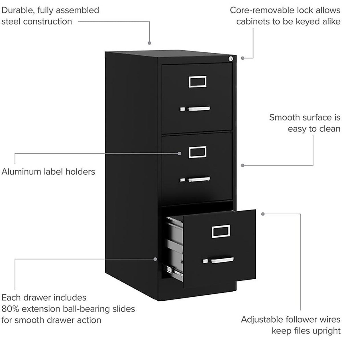 Hirsh 22-in Deep 3 Drawer - Letter Width - Vertical Metal File Cabinet - Black - Commercial Grade - Fully Assembled