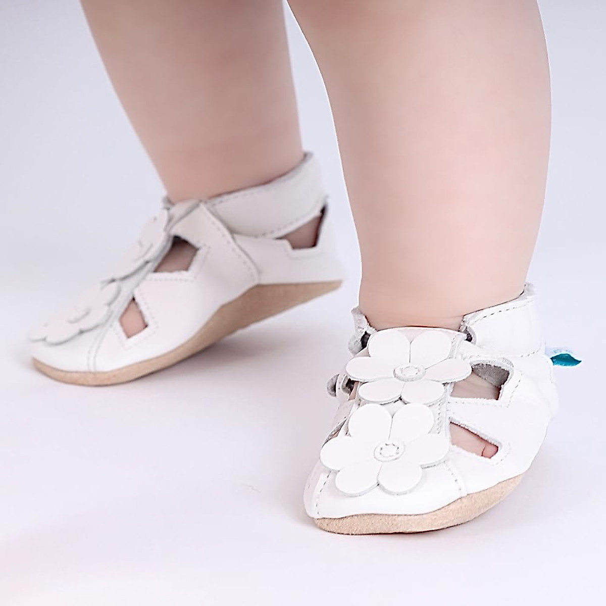Dotty Fish Soft Leather Infant Toddler Sandals. White Flowers. 12-18 Months
