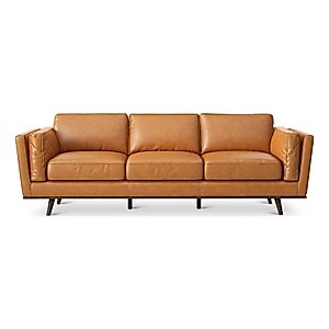 Pemberly Row Mid Century Modern 89" Genuine Cognac Tan Pure Italian Leather Sofa Couches for Living Room