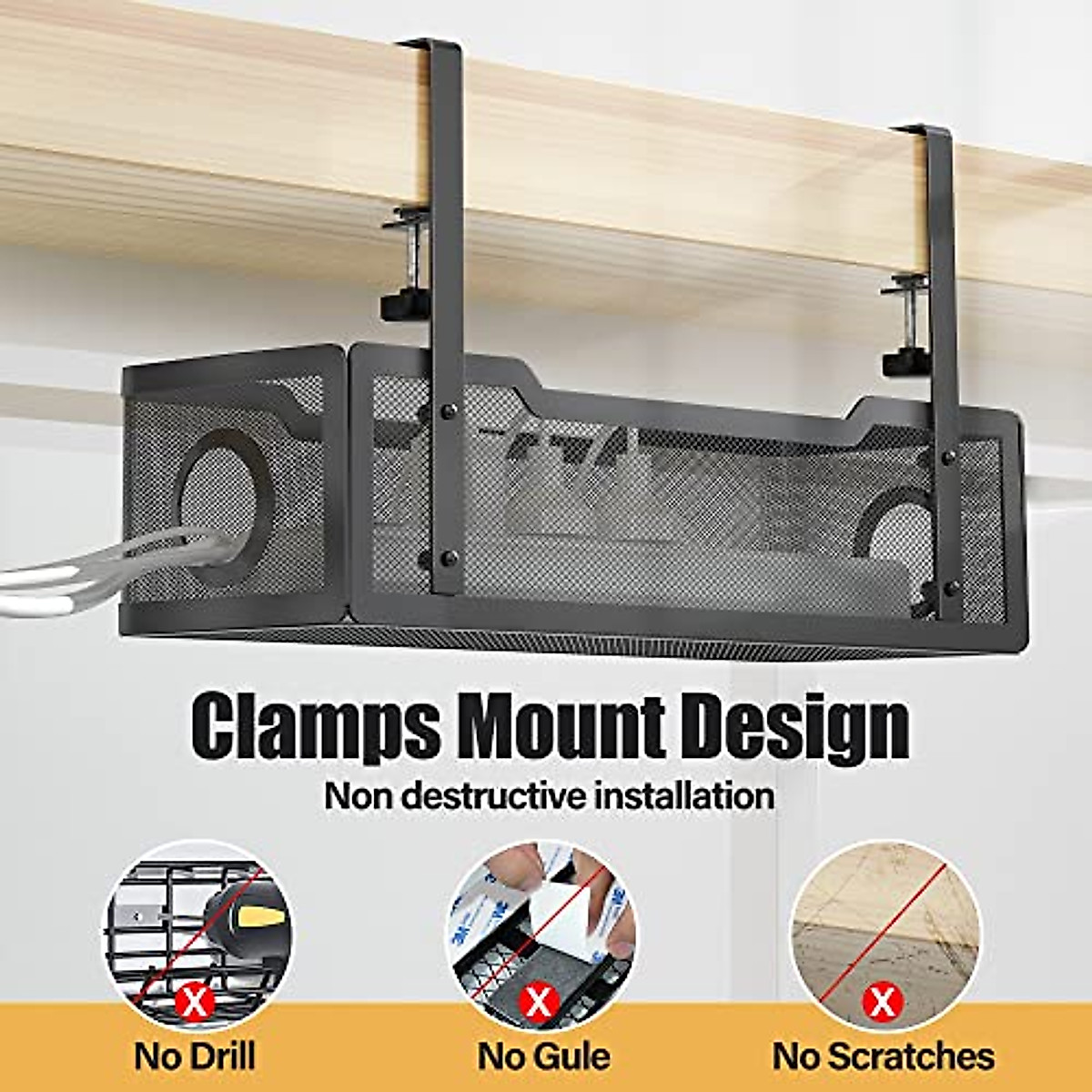 Under Desk Cable Management Tray Black, Cinati Cable Management Under Desk No Drill, Cable Tray with Clamp for Desk Wire Management,Desk Cable Management Box for Office, Home - No Damage to Desk