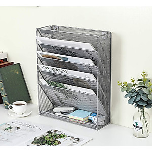 EasyPAG 5 Slot Wall Hanging File Organizer Vertical Office Desk /Wall Mounted File Holder Paper Organizer with Bottom Flat Tray,Black,Silver
