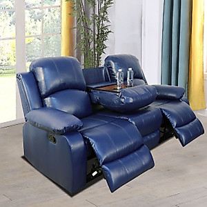 Ocstta Manual Leather Recliner Sofa Set for Living Room Furniture Set,Leather Recliner Couch Set for Home/Office,Leather Couch Set for 3-Pieces(Sofa+Loveseat+Chair) Blue