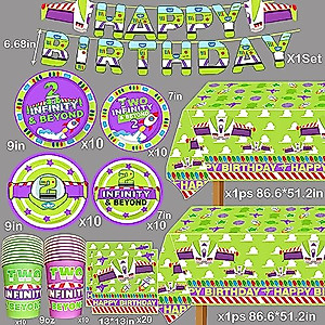 METIXOZE Two Infinity and Beyond Birthday Decorations Buzz Cartoon Light inspired Year Toy Inspired Story Birthday Party Supplies 2nd Birthday include Banner Table Cloth Plate Napkins and Cups