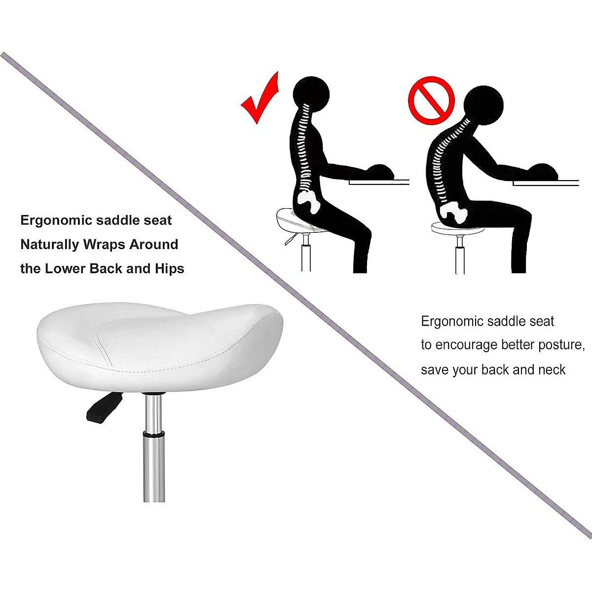 Kaleurrier Ergonomic Rolling Swivel Saddle Stool with Wheels,Hydraulic Pneumatic Lifting Height Adjustable Lightweight Chair for Clinic Hair Salon Massage Lab Kitchen Home Office (White, Without Back)