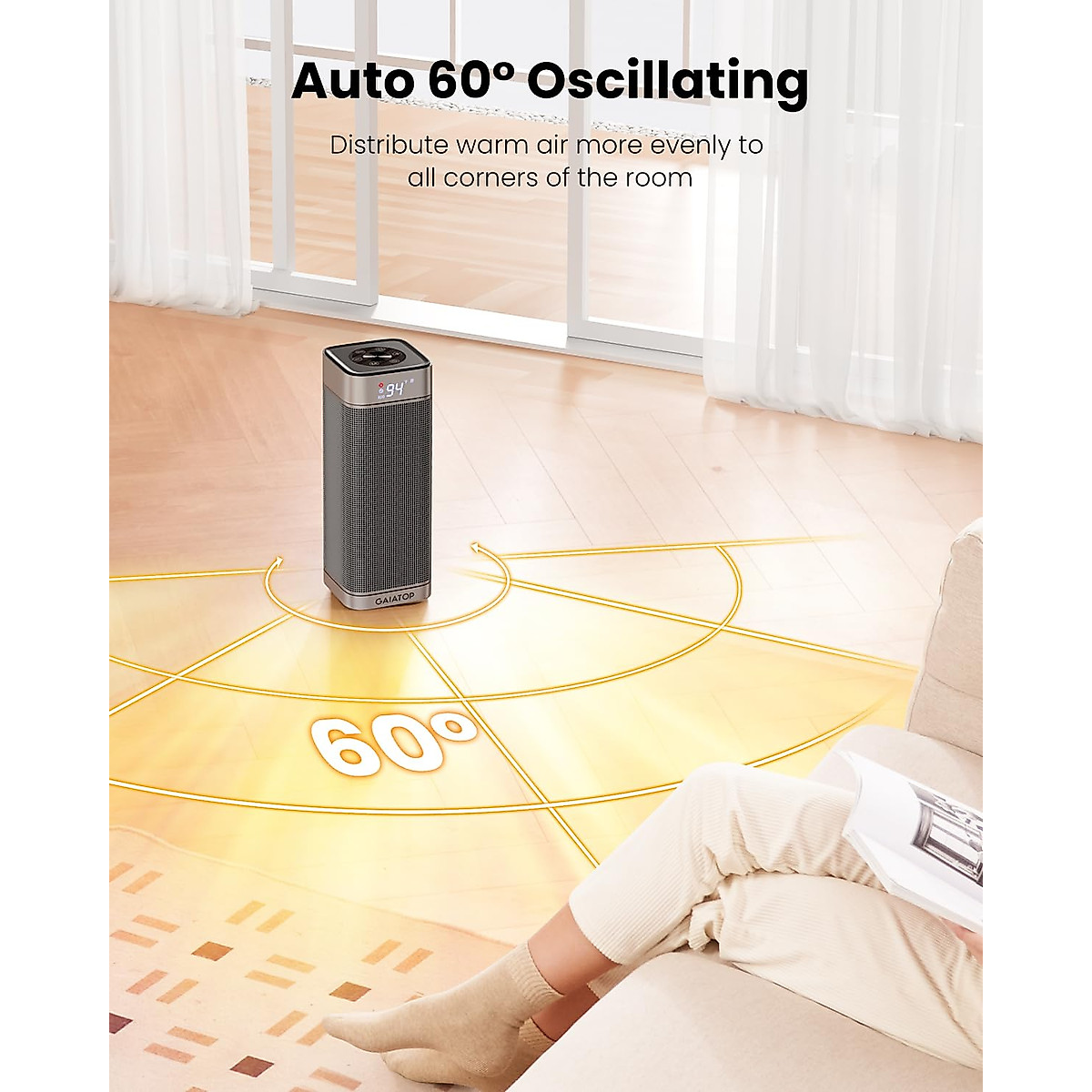 GAIATOP Space Heaters for Indoor Use, 1500W Portable Electric Heater, Quiet PTC Ceramic Heat with Thermostat, 5 Modes, Remote, 60° Oscillating, 12Hrs Timer, Powerful Wind for Bedroom Office Home