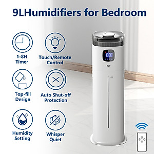 KZF Humidifier for Large Bedroom, 9L/2.5Gal Ultrasonic Cool Mist Humidifier, Easy Clean Humidifier with 350ML/H Large Mist Speed, Quiet Tower Humidifier, Suitable for Kids Room Plant Yoga (White)