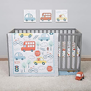 Sammy & Lou Beep Beep 4-Piece Baby Nursery Crib Bedding Set, Includes Quilt, Fitted Crib Sheet, Crib Skirt, and Plush Toy