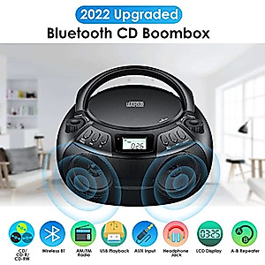 Gueray CD Player Portable with Bluetooth Boombox AM/FM Radio Portable CD Player Stereo Sound Speaker USB Port MP3 Playback 3.5mm AUX Input Headphone Jack LCD Display CD-R CD-RW MP3WMA Playback
