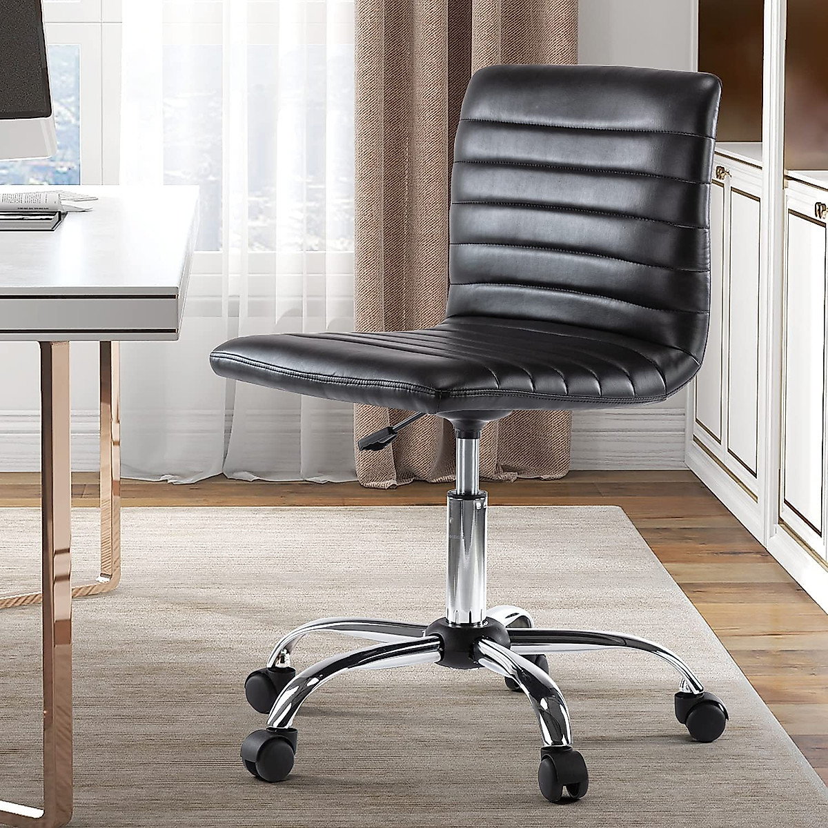 MCQ Armless Ribbed Home Desk Wheels, Faux Leather Office Adjustable Task, Mid Back Swivel Computer Chair, Jet Black