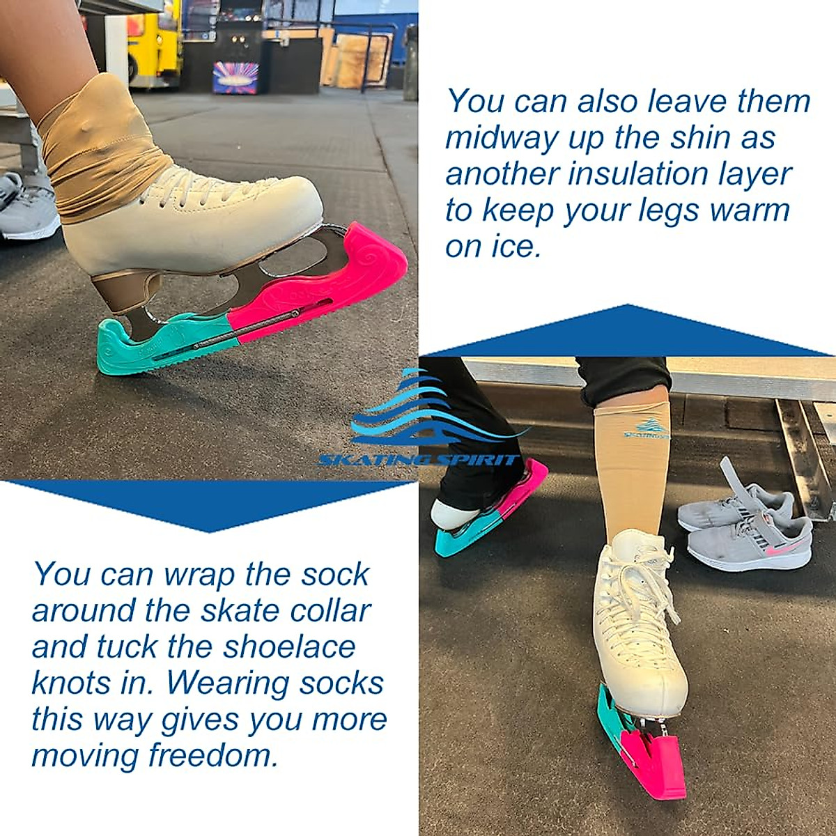 SkatingSpirit Figure Skating Socks (2 Pairs), Knee high, Extra wide cuff band non-slipping (Beige)