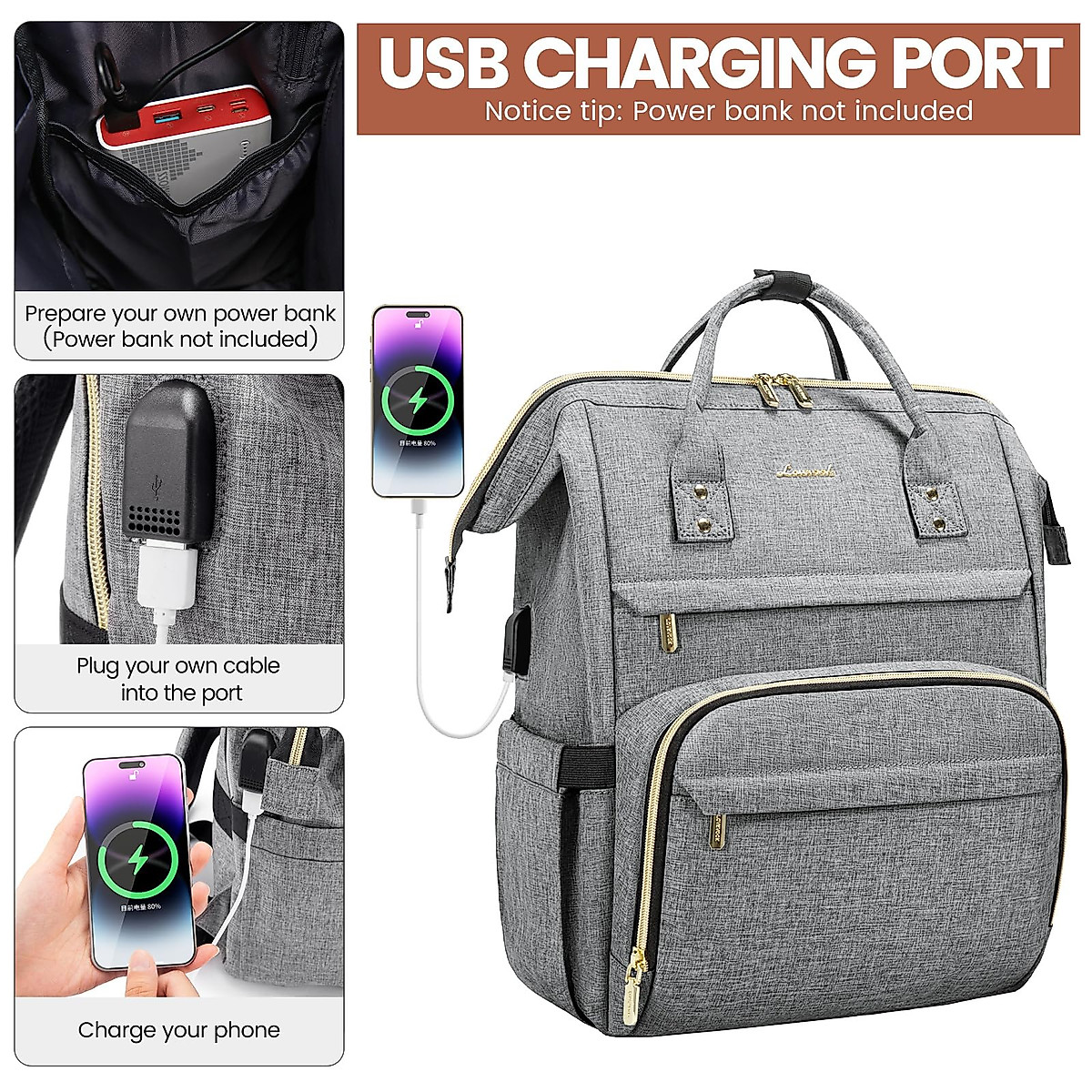 LOVEVOOK Laptop Backpack for Women,17 Inch Professional Womens Travel Backpack Purse Computer Laptop Bag Nurse Teacher Backpack,Waterproof College Work Bags Carry on Back Pack with USB Port,Grey