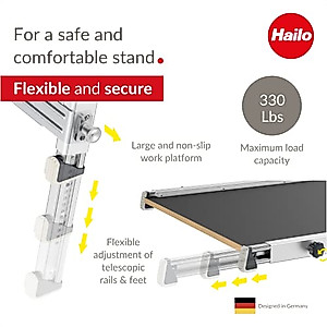 Hailo TP1 |Staircase Platform | Length and Height-Adjustable Telescopic Rails and feet | Integrated Bubble Level | Two-Hand Safety Unlocking Mechanism| for use with Step stools & stepladders