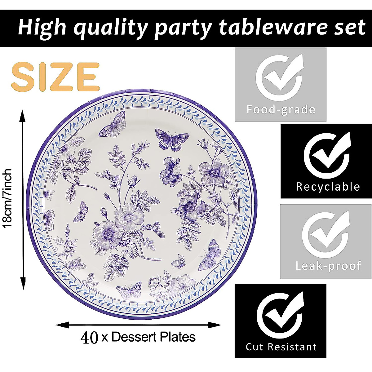 40 Pcs Floral Blue & White Flower Party Supplies White & Blue Floral Paper Plates 7" Wedding Party Plates for Floral Party Theme Bridal Shower Baby Shower Tea Party Floral Birthday Party Decorations