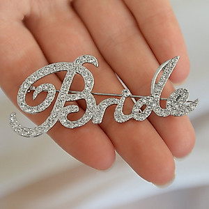 Mariell Rhinestone Crystal Bride Word Brooch Pin in Script Lettering, Bachelorette & Bridal Shower Gift