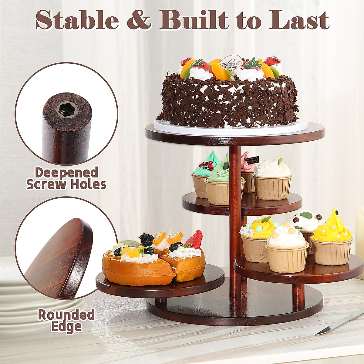 GKOKG 4 Tier Round Cupcake Tower for 50 Cupcakes, Acacia Wood Cupcake Stand for Dessert Table, Woodden Serving Stand, Cake Stand & Dessert Tower for Birthday, Graduation, Wedding, Tea Party