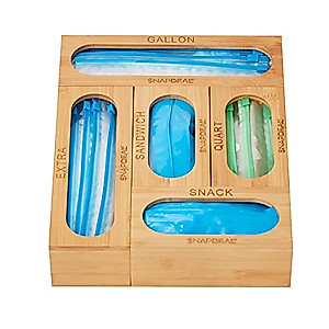 SNAPDEAL Bamboo Ziplock Storage Bag Organizer - 5 Pcs Wooden Ziplock Organizer for Drawer - Fits Slider with Quart, Sandwich, Snack, Freezer & Gallon Variety Size Bags - Best Kitchen Drawer Dispenser