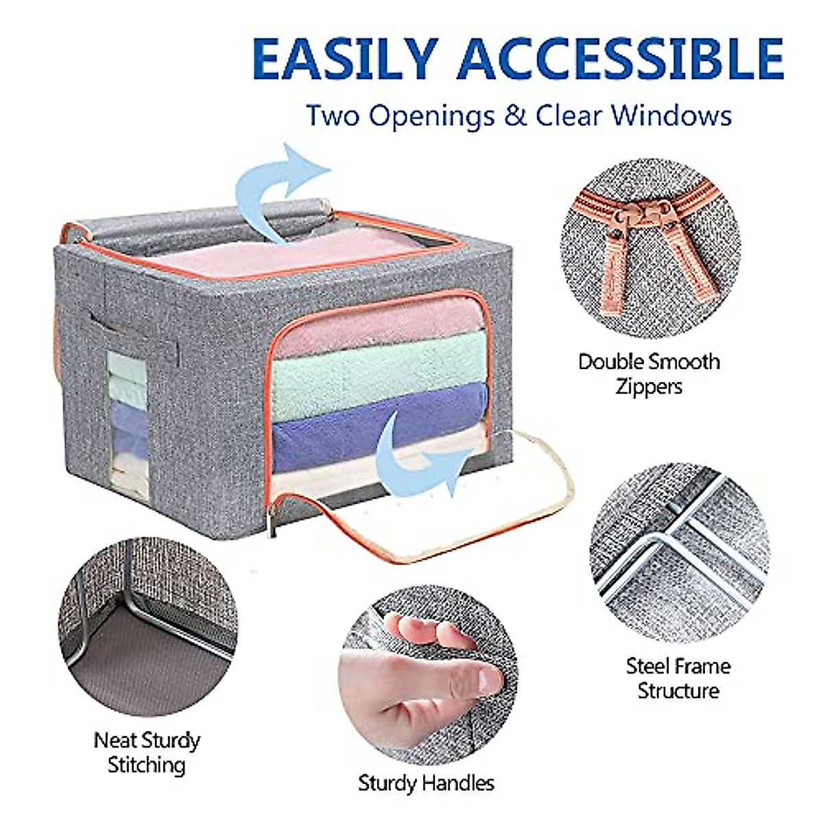 Clothes Storage Bins Boxes, 2 Pack Large Foldable Storage Bags with Clear Window/Durable Handles for Clothes, Metal Frame Clothes Storage Containers Organizer Set for Bedding, Blankets, Toys, Books(Dark gray, 66L)