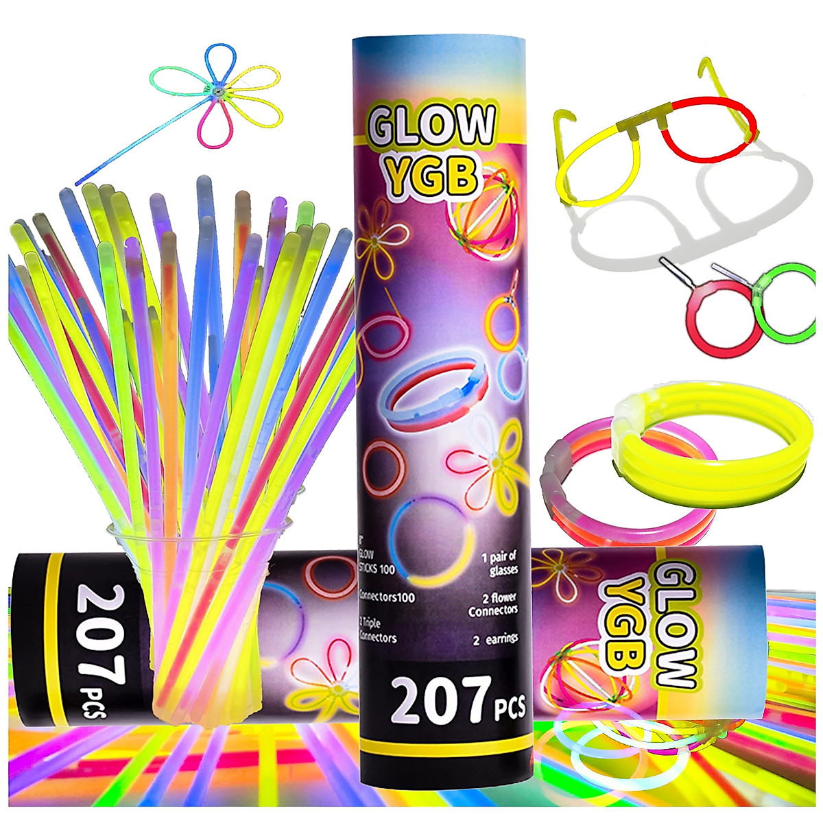 Glow Sticks 207Pcs Bulk Party Pack 8” Glow In The Dark Sticks Glow Party Supplies Bracelets And Glow Eyeglasses And Necklaces Earrings Favors For You... (207PCS)
