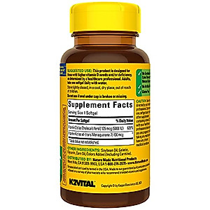 Nature Made Vitamin D3 K2, 5000 IU (125 mcg) Vitamin D, Dietary Supplement for Bone, Teeth, Muscle and Immune Health Support, 30 Softgels, 30 Day Supply