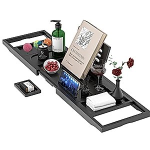 Yirilan Bath Tray, Foldable Bathtub Caddy, Adjustable Premium Bamboo Bathroom Tray for Tub, for Home Spa - Couples Wedding Gifts - Black