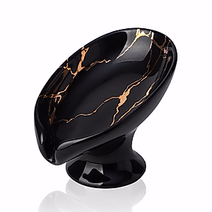 WHJY Ceramic Self Draining Soap Dish for Bar, Small Leaf Shaped Soap Dish, Black Marble Soap Dish for Bathroom Shower Soap Holder Tray for Kitchen