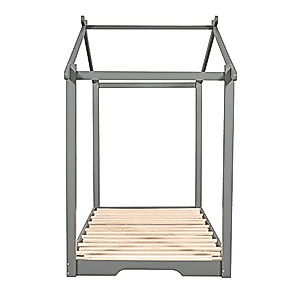 DHHU Wooden Bed Frame, Twin XL/King Size House Platform Bed with Trundle, Roof Design for Adults, Kids, No Spring Box Required, Bedroom Furniture, Gray