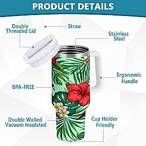 Burbuja Toucans Hibiscus 40oz Insulated Tumblers with Handle and Straw Lid, Double Wall Stainless Steel Travel Mug Leak-Proof, BPA Free, Gift for Mom Dad
