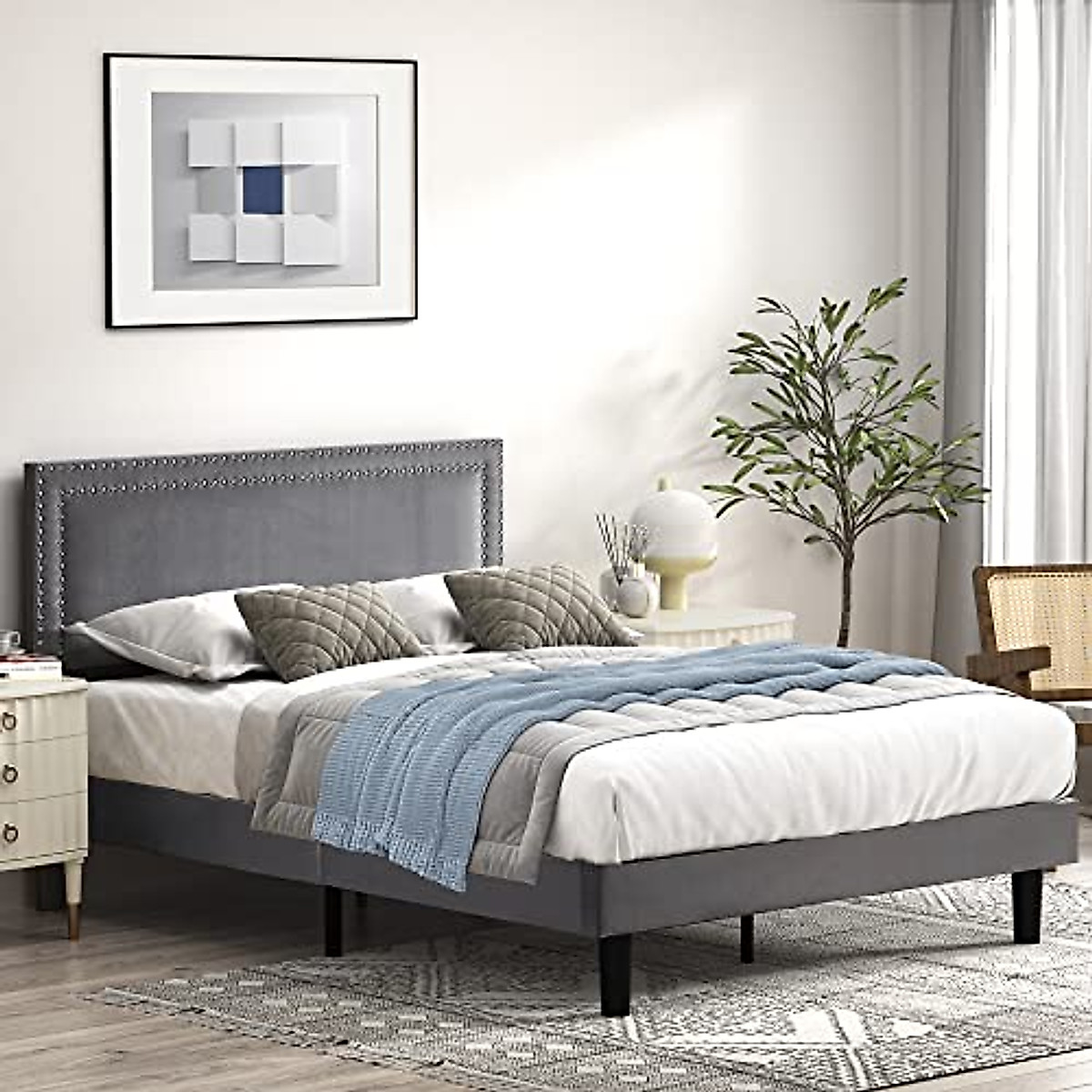 VECELO Full Size Platform Bed Frame with Height Adjustable Upholstered Headboard, Modern Mattress Foundation,Strong Wood Slat Support, No Box Spring Needed, Easy Assembly