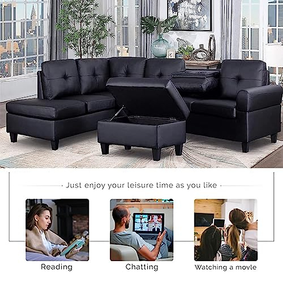 Goohome Sectional, L-Shaped Storage Ottoman/2 Cup Holder,Modular Comfortable Upholstered Couches with Extra Wide Chaise Lounge,Sofas for Home/Office Living Room Furniture Sets, Black