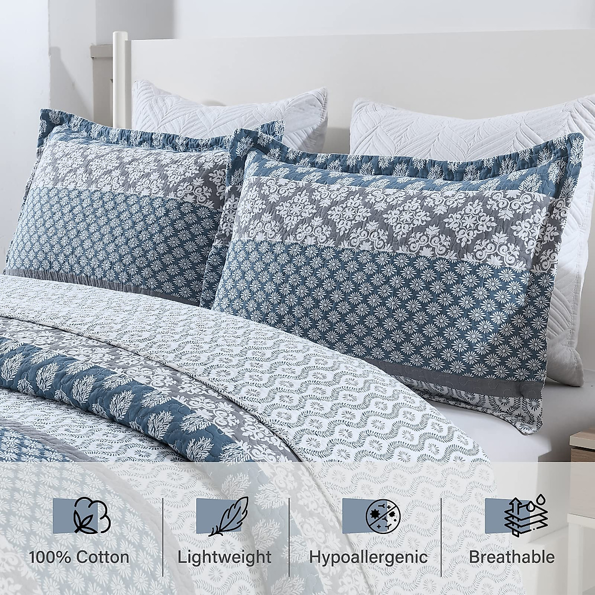 PERHOM Blue Quilt Queen Size - Queen Quilt Set, 100% Long-Staple Cotton Floral Quilt Bedding Set Bedspreads, Patchwork Reversible Lightweight Comforter Bed Spread for All Season, Blue/Gray, 3 Pieces