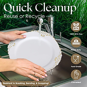 Zulzzy 350 PCS White and Gold Plastic Plates Vintage Design - Includes 50 Dinner Plates, 50 Dessert Plates, 50 Napkins, 50 Cups & Gold Silverware. Ideal for Weddings, Parties & Events.