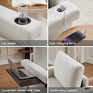 ONBRILL Convertible Sleeper Chair, 3-in-1 Pull Out Sofa Bed Couch with Adjustable Backrest, Chenille Sleeper Sofa Chair Bed with Hidden Table & 2 Charging Ports, White Small Couches for Living Room