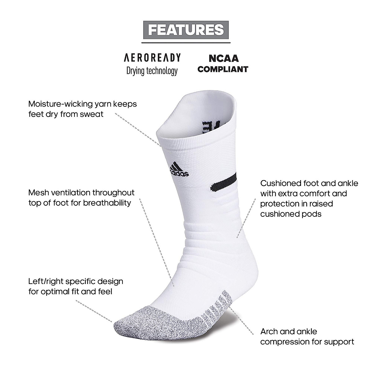 adidas Unisex Adizero Football Cushioned Crew Socks (1-Pair), White/Black, Medium