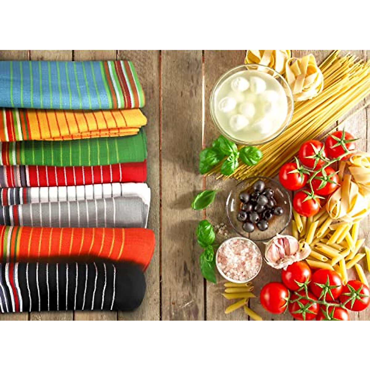 Urban Villa Kitchen Towels, Premium Quality, Cotton Dish Towels,Mitered Corners,Ultra Soft (Size: 20X30 in),Multi Color Waffle Stripes, Highly Absorbent Bar Towels & Tea Towels - (Set of 8)