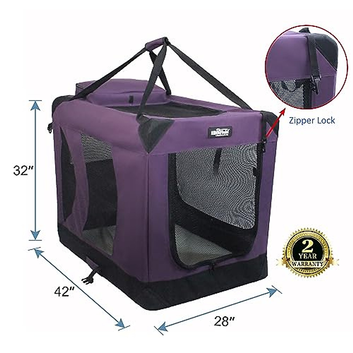 EliteField 3-Door Folding Soft Dog Crate with Carrying Bag and Fleece Bed (2 Year Warranty), Indoor & Outdoor Pet Home (42" L x 28" W x 32" H, Purple)