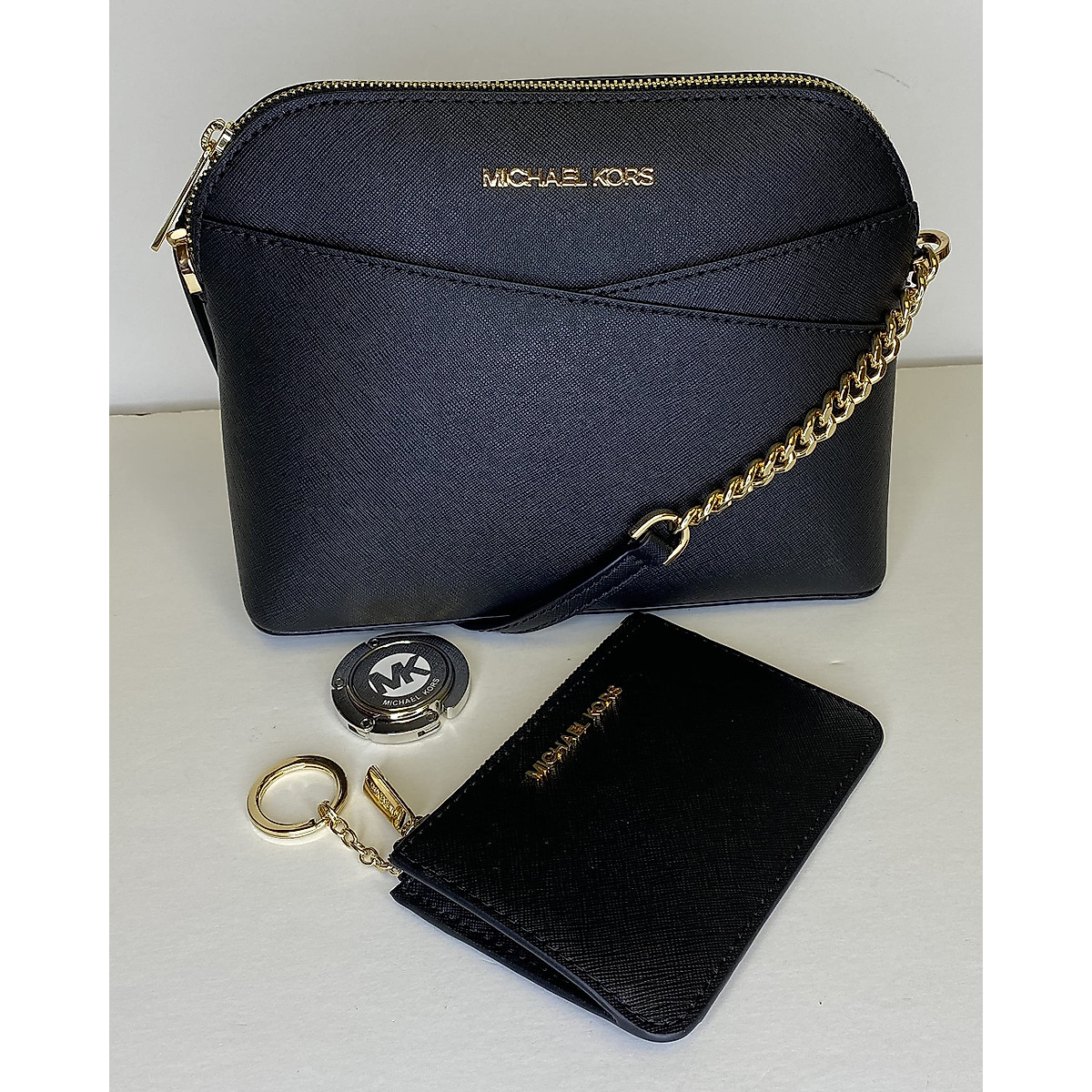 Michael Kors MICHAEL Michael Kors Jet Set Travel MD Dome XCross Crossbody bundled SM TZ Coinpouch Purse Hook (Black)