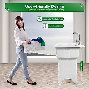 Freestanding Plastic Laundry Sink with Washboard, Indoor and Outdoor Utility Sink with Cold and Hot Water Faucet, Hoses and Drain Kit,Fashionable Sink for Laundry Room, Garage, Basement (Large)