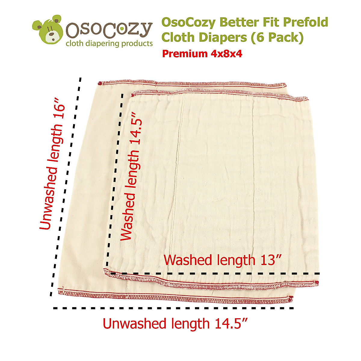 OsoCozy Better Fit Unbleached Prefold Cloth Diapers -100% Cotton, Gauze Weave, Sized for Tri Folding - Diaper Service Quality (DSQ) (Premium 4x8x4 Fits 25-40 lb.) - 6 Pack