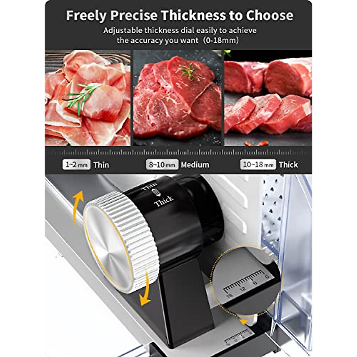 Meat Slicer for home, CWIIM Electric Deli Food Slicer & meat cutter with Removable Stainless Steel Blade+Pusher and 0-18mm Adjustable Thickness for Meat, Cheese, Bread, Fruit.