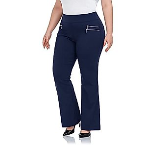 Inno Plus Size Dress Pants Women Bootcut Dress Pants Stretchy High Waisted Pull-on Slacks with Zipper Pockets Business Casual Work, Navy, XXL, 28" Inseam