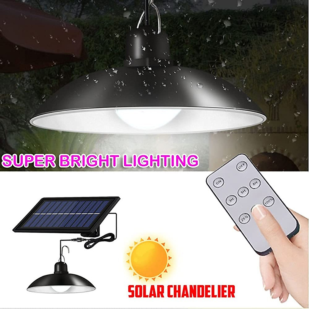 Aolyty Solar Pendant Light with Double Head Shed Light IP65 Waterproof Solar Powered Hanging Light with Remote Control Dimmable for Garden Yard Corridors Walkway Pathway Garage Driveway (Warm Light)