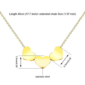 3 Gold Hearts Best Friends Necklace - Custom Engraving Triple Heart Pendant Necklace Long Distance Friendship Jewelry Birthday Gift (Gold)