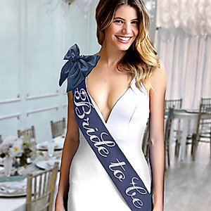 Blue Bride Sash - Set of 2: Crystal Flirty Bride to Be on Navy Blue Bridal Grade Satin Sash & Navy Satin Bow Clip - Something Blue for Bride - Set2(Flrt SshBw) NVY